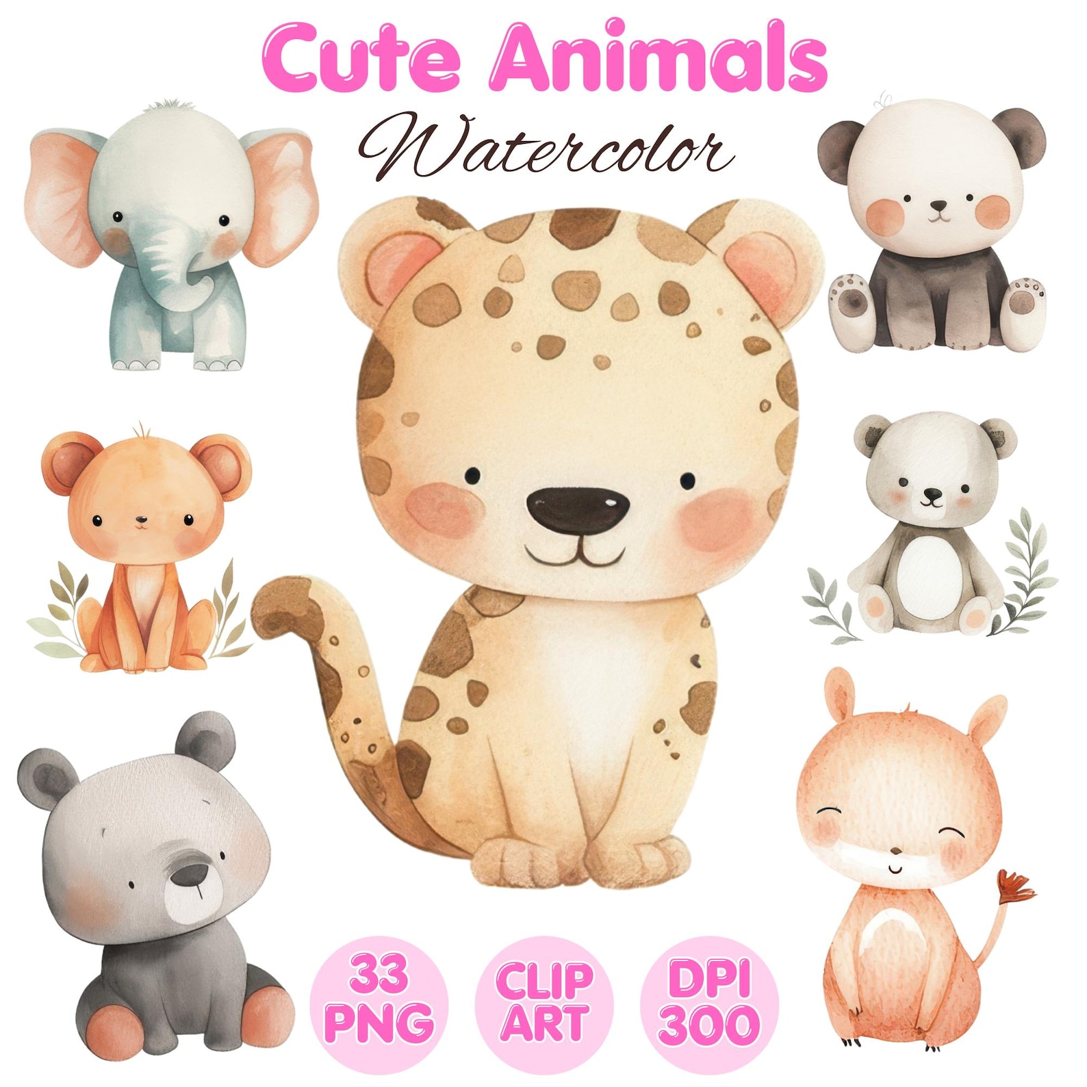 Cute Animals Watercolor , Animals Clipart, Animals PNG, Cute Animals ...