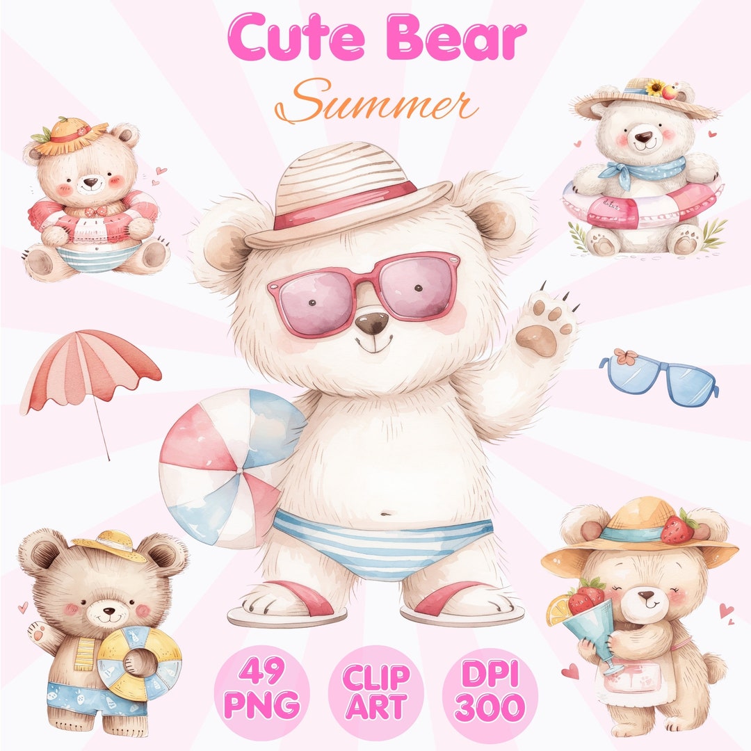 Cute Bear Summer, Bear Clipart PNG, Summer Watercolor, Bear Kids PNG ...