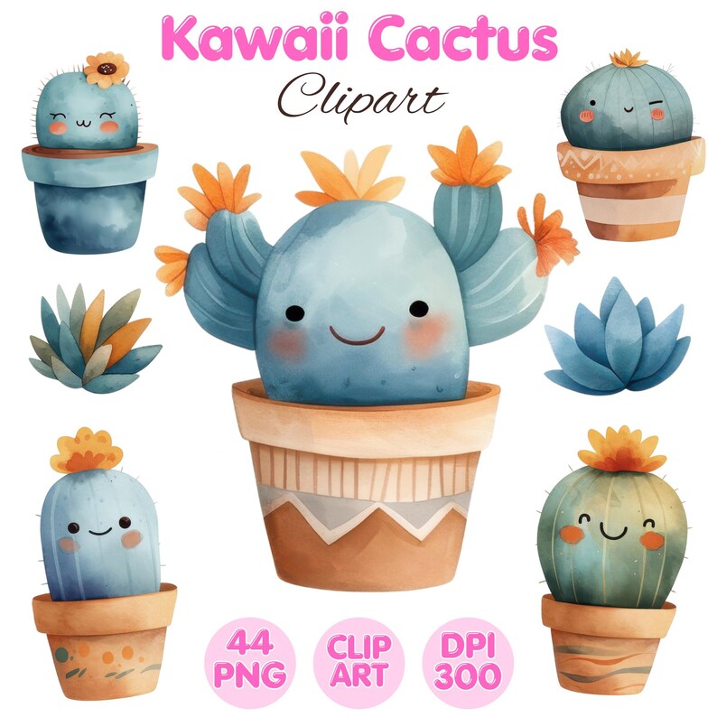 Kawaii Cactus Clipart: Watercolor PNG Images (commercial Use) - Etsy