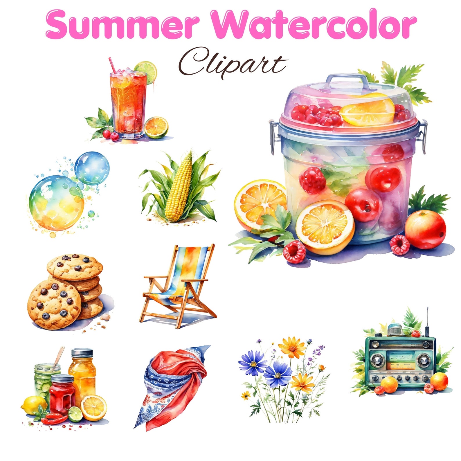 Summer Watercolor Clipart , Summer PNG , Summer Clipart , Beach ...