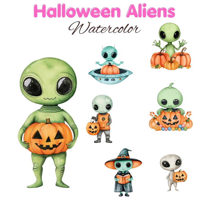 Halloween Aliens Watercolor Clipart: 27 PNG Images (commercial Use) - Etsy