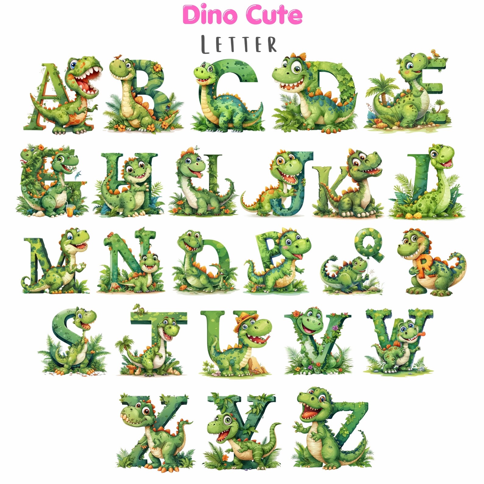 Cute Dino Letter , Dino Letter Clipart , Dino PNG, Watercolor Cute Dino ...