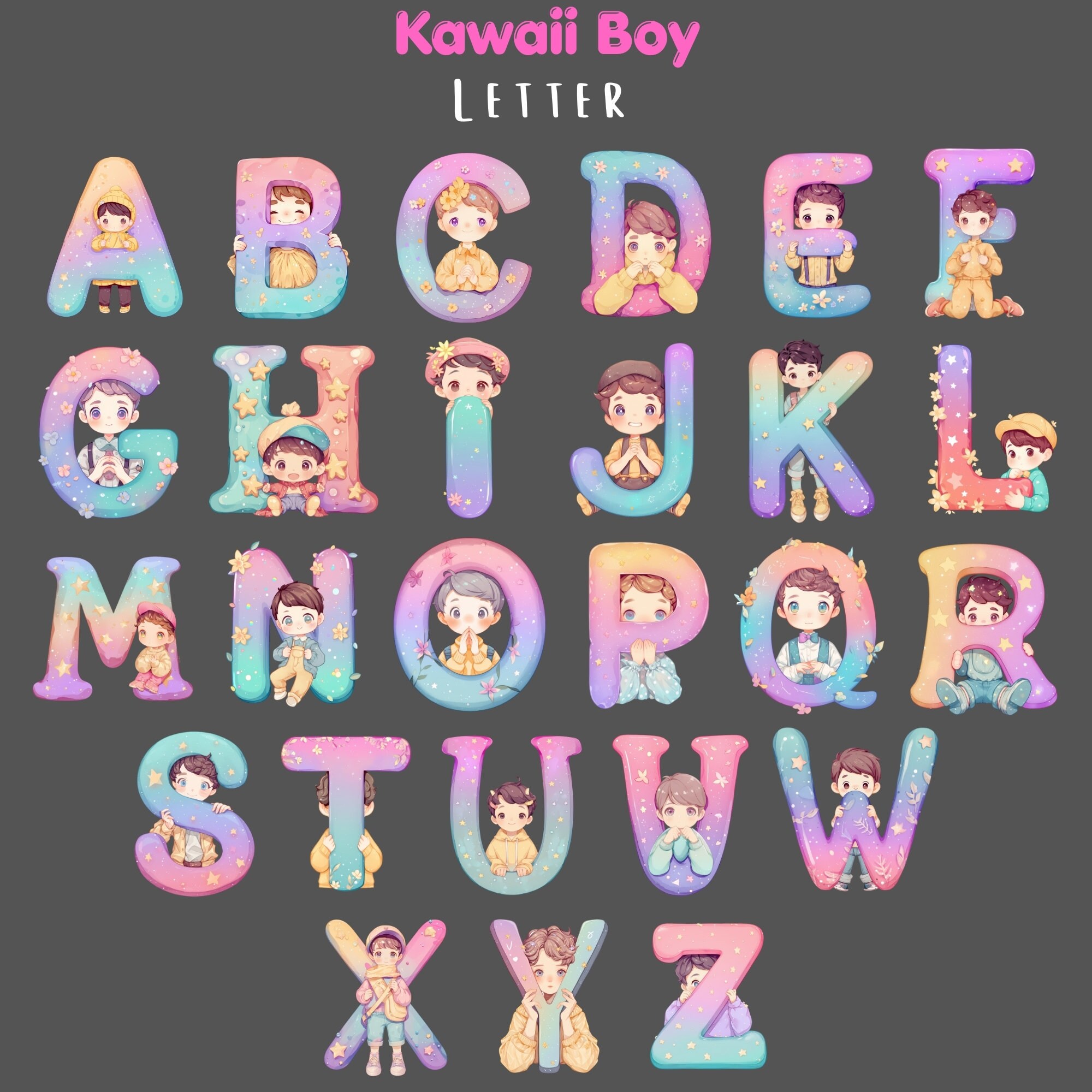 Kawaii Boy Letter Number Clipart, Kawaii Alphabet PNG, Doodle Letters ...