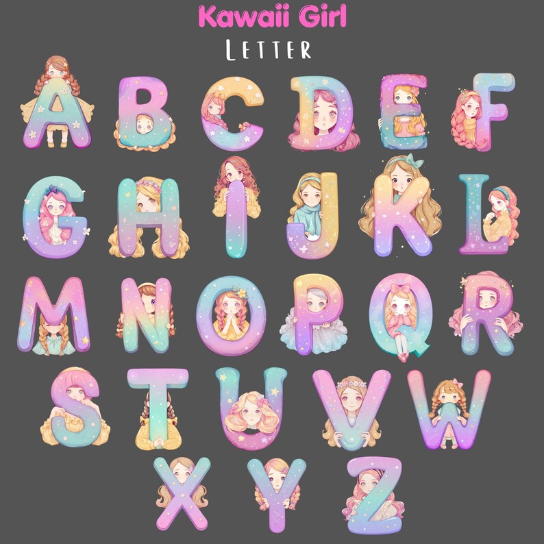 Kawaii Girl Letter Number Clipart, Kawaii Alphabet PNG, Doodle Letters ...