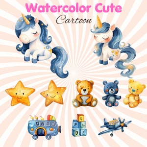 Watercolor Cute Cartoon, Nursery Clipart, Cute Cartoon PNG, Kid Decor ...