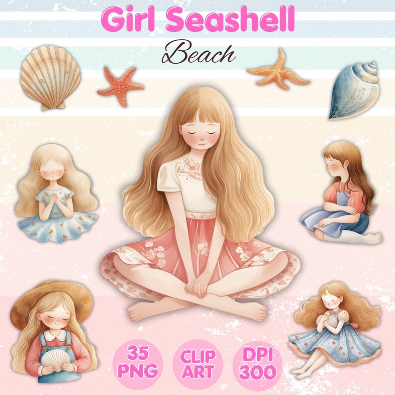 Seashell Beach Girl Clipart: Watercolor Summer PNG (commercial Use) - Etsy