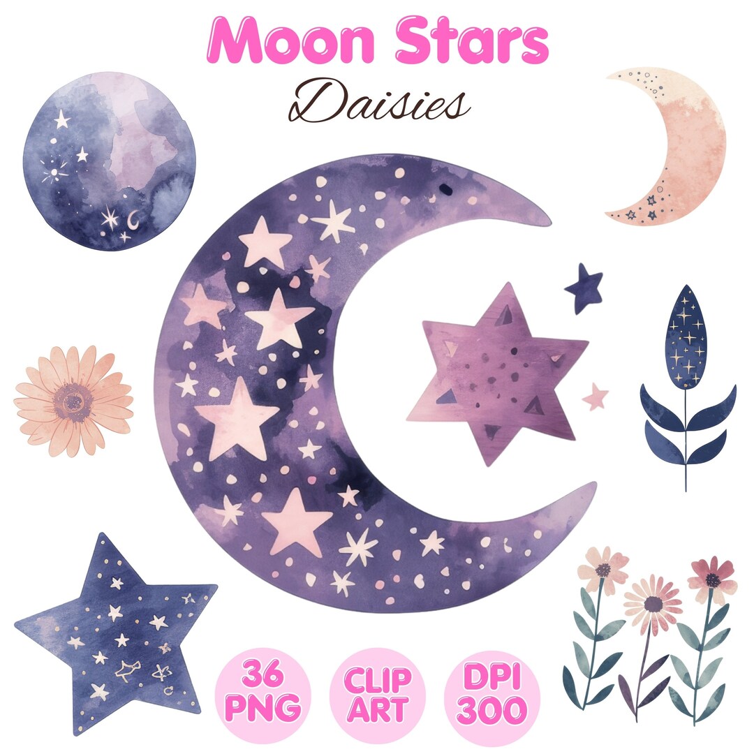Moon Stars Daisies, Moon Stars Clipart, Stars Daisies PNG, Wall Art ...