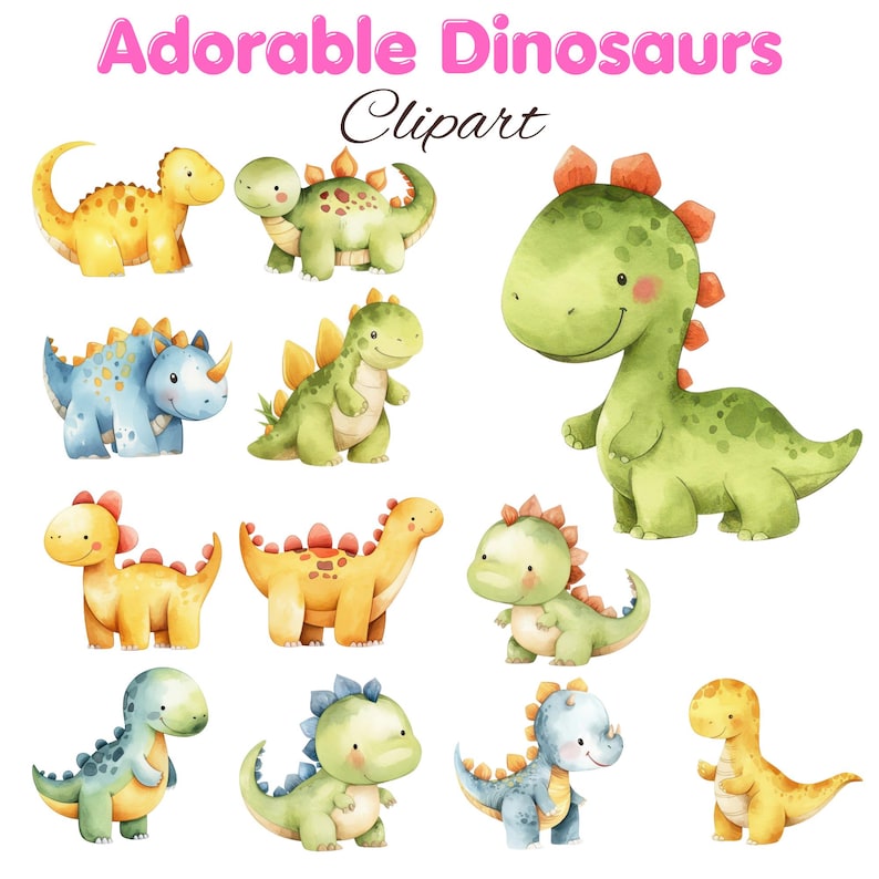 Adorable Watercolor Dinosaurs Clipart: 48 PNG Images (commercial Use ...