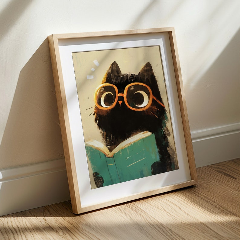 Cute Cat Reading A Book Print Cute Cat Print Digital Download Library ...