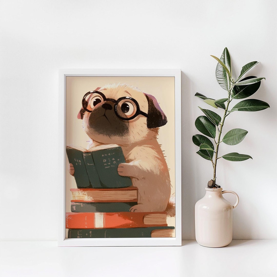 Cute Dog Reading A Book Print | Cute Dog Print | Cute Pug | Digital ...