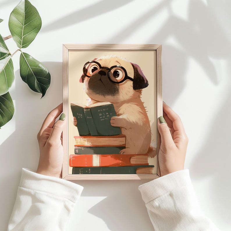 Cute Dog Reading A Book Print | Cute Dog Print | Cute Pug | Digital ...