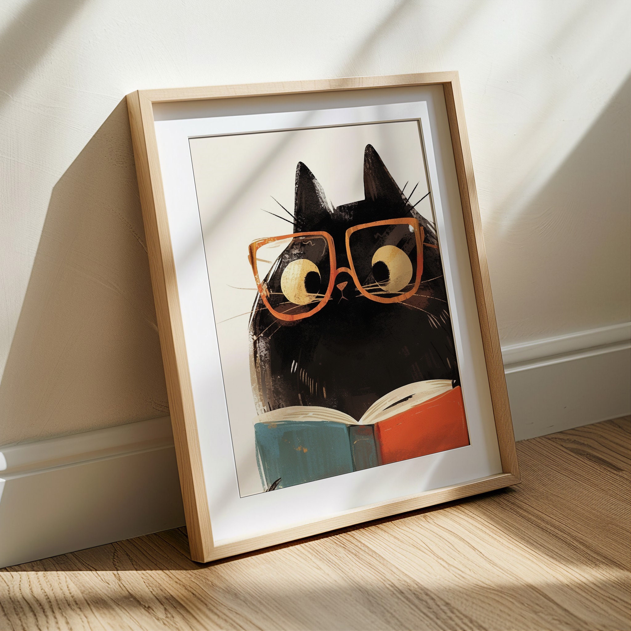 Cute Cat Reading A Book Print Cute Cat Print Digital Download Library ...