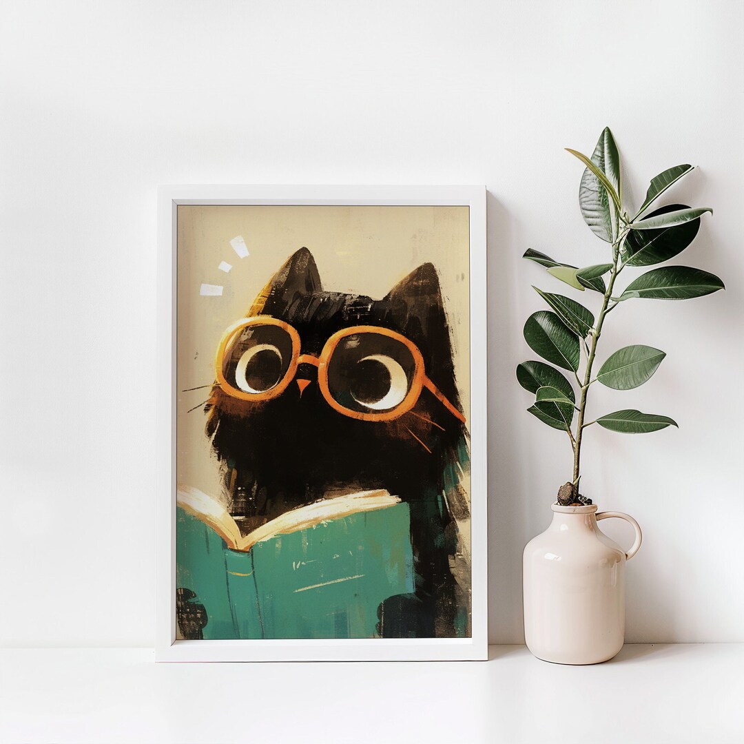 Cute Cat Reading A Book Print | Cute Cat Print | Digital Download ...