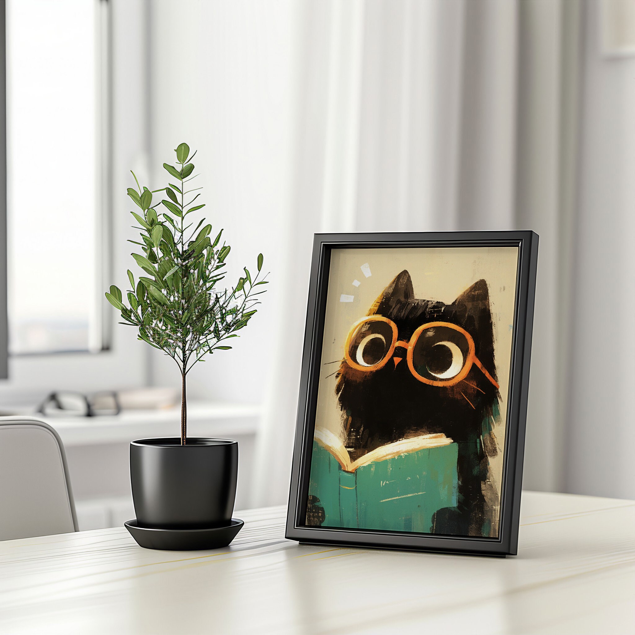 Cute Cat Reading A Book Print Cute Cat Print Digital Download Library ...