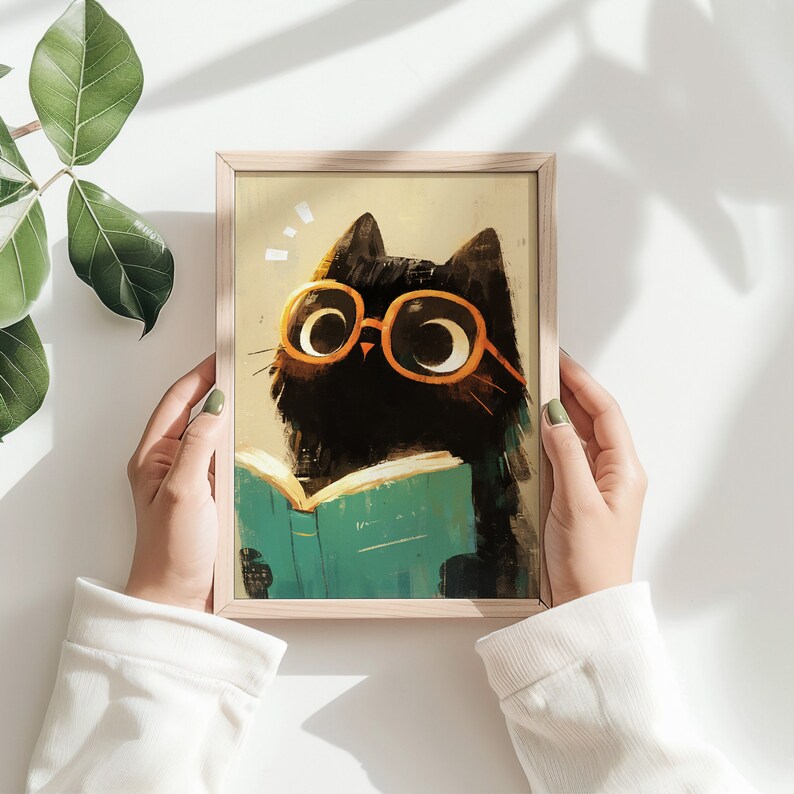 Cute Cat Reading A Book Print Cute Cat Print Digital Download Library ...
