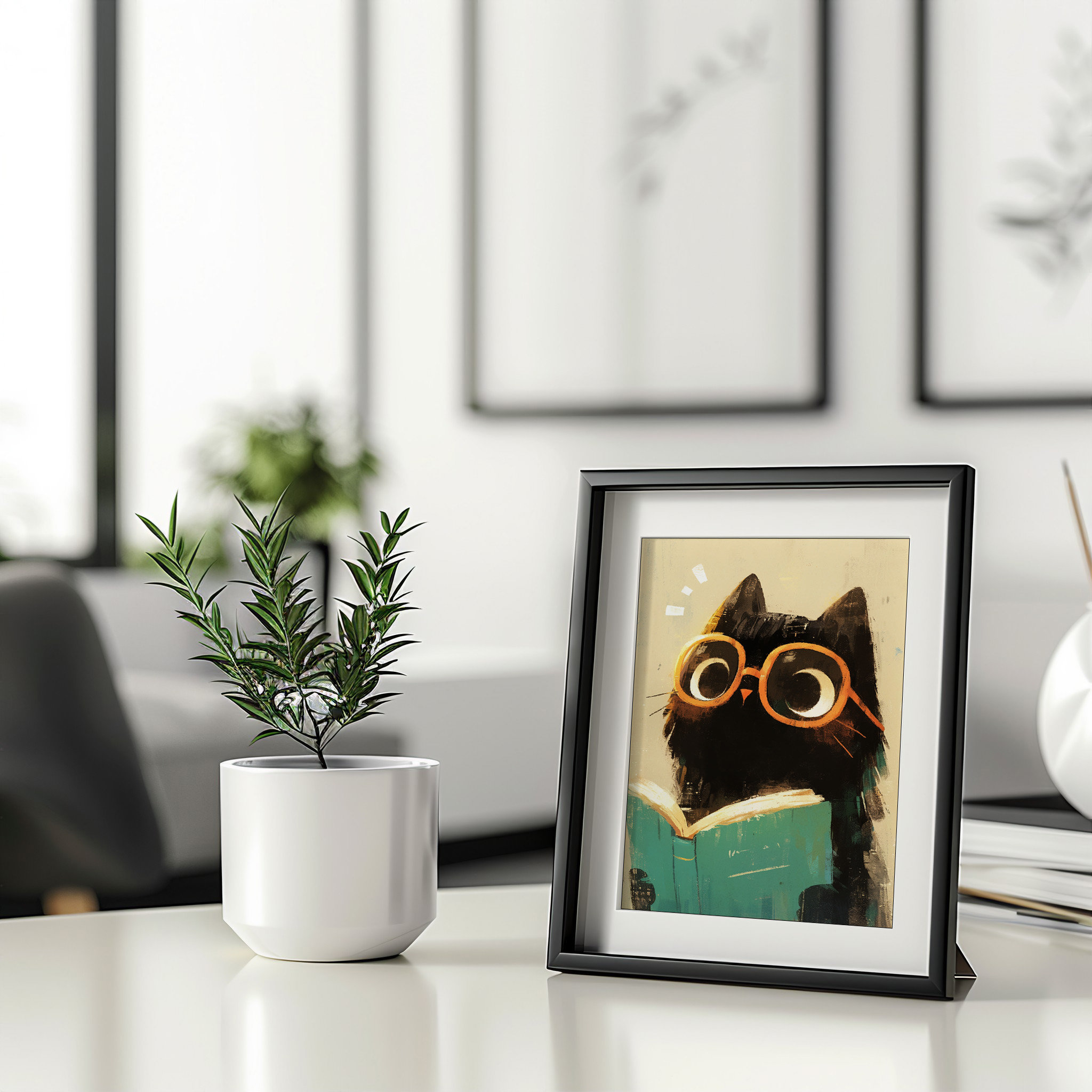 Cute Cat Reading A Book Print Cute Cat Print Digital Download Library ...