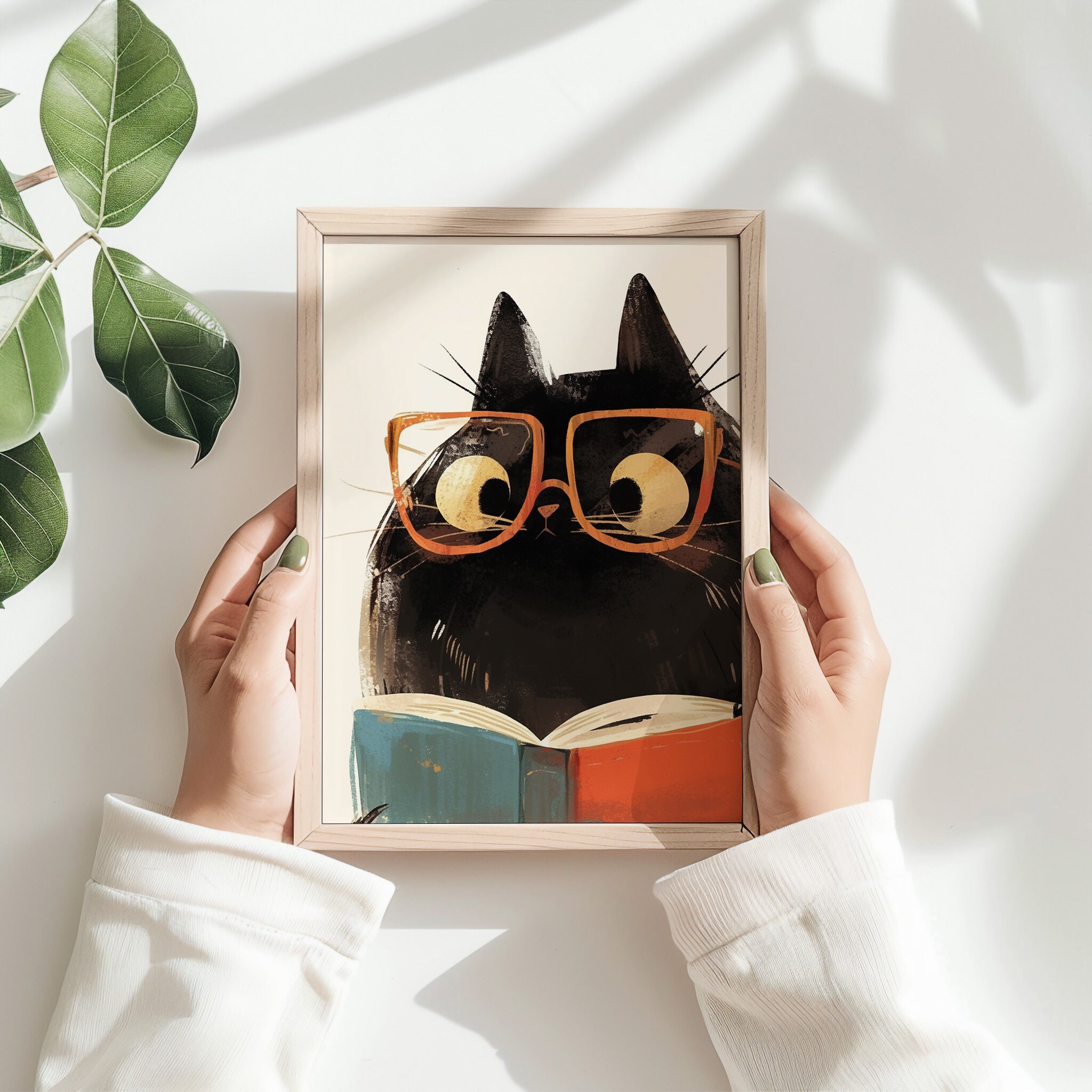 Cute Cat Reading A Book Print Cute Cat Print Digital Download Library ...
