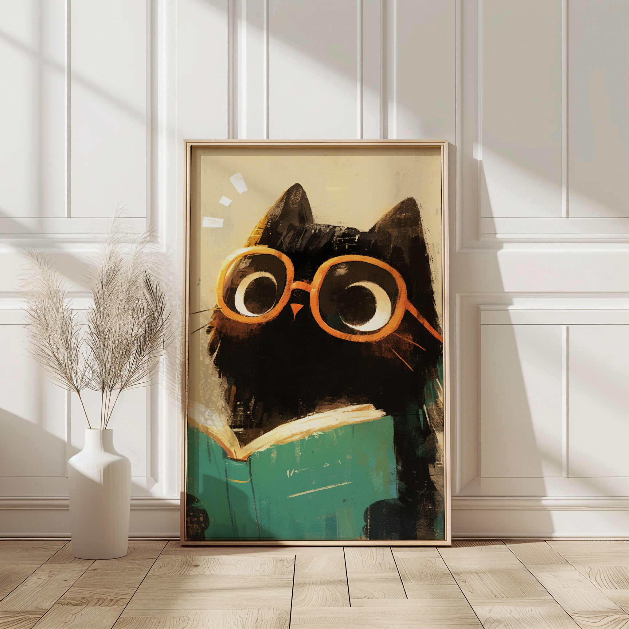 Cute Cat Reading A Book Print Cute Cat Print Digital Download Library ...