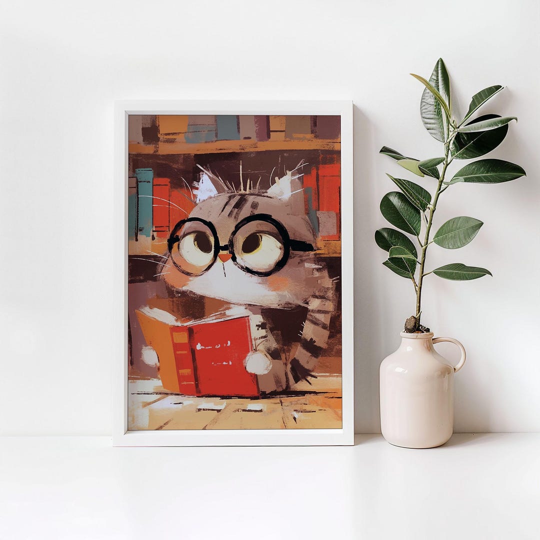 Cute Cat Reading A Book Print | Cute Cat Print | Digital Download ...