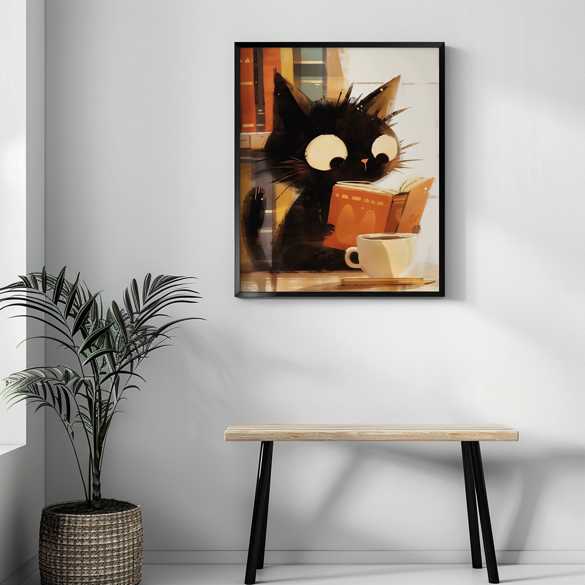 Cute Cat Reading A Book Print Cute Cat Print Digital Download Library ...