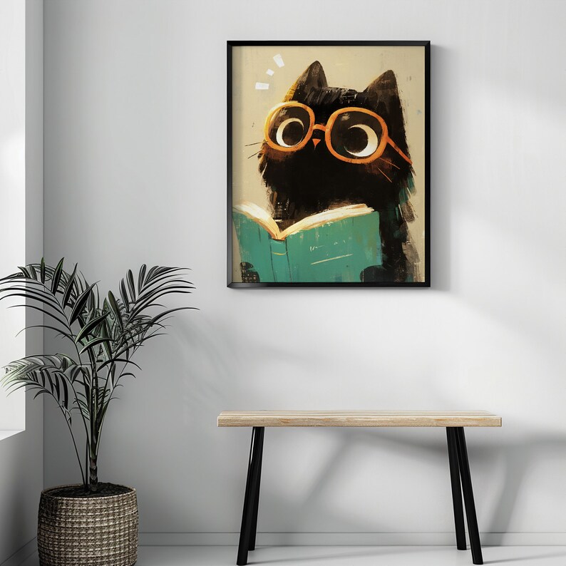 Cute Cat Reading A Book Print Cute Cat Print Digital Download Library ...