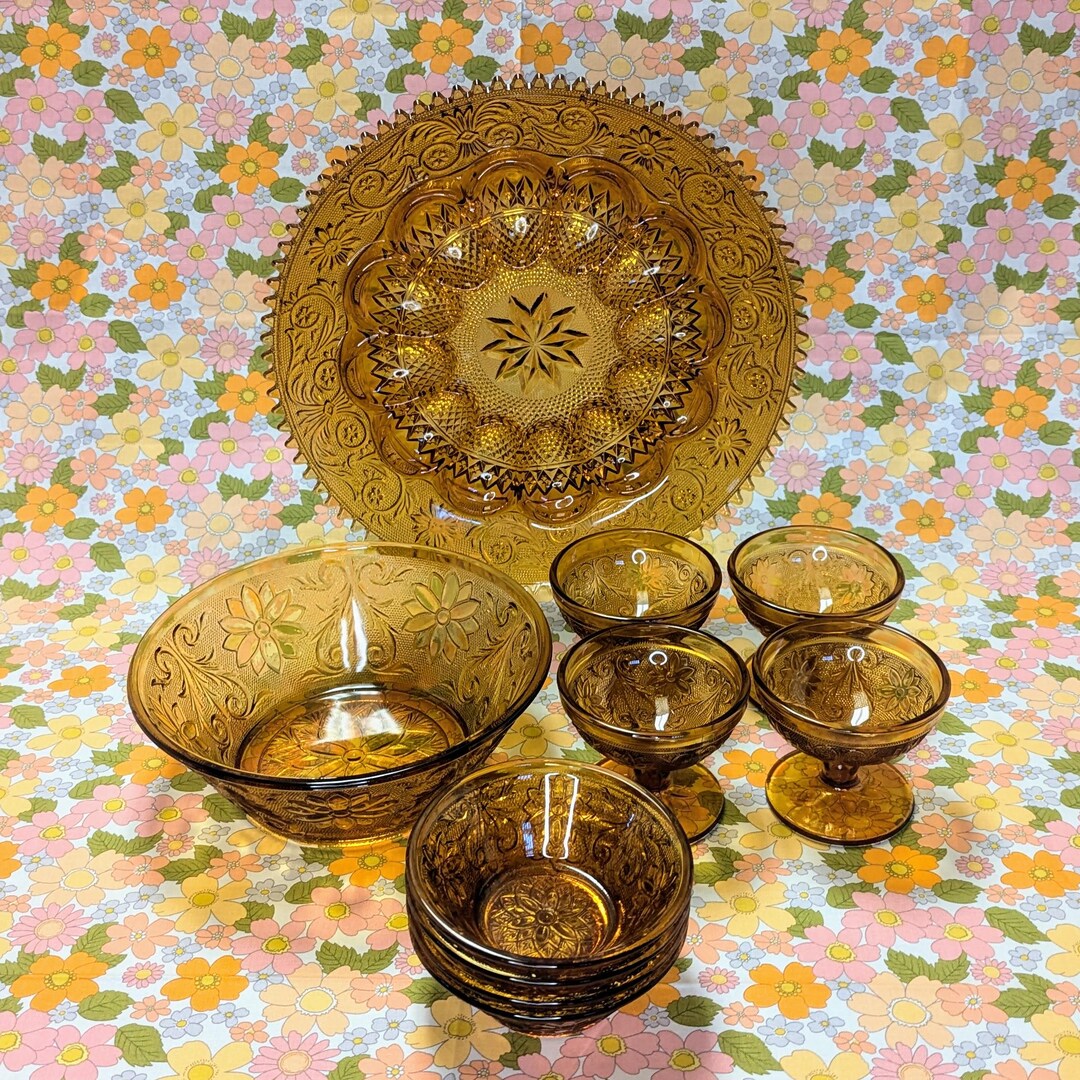 Vintage 10 Piece Set Tiara Amber Sandwich Indiana Glass Serveware ...