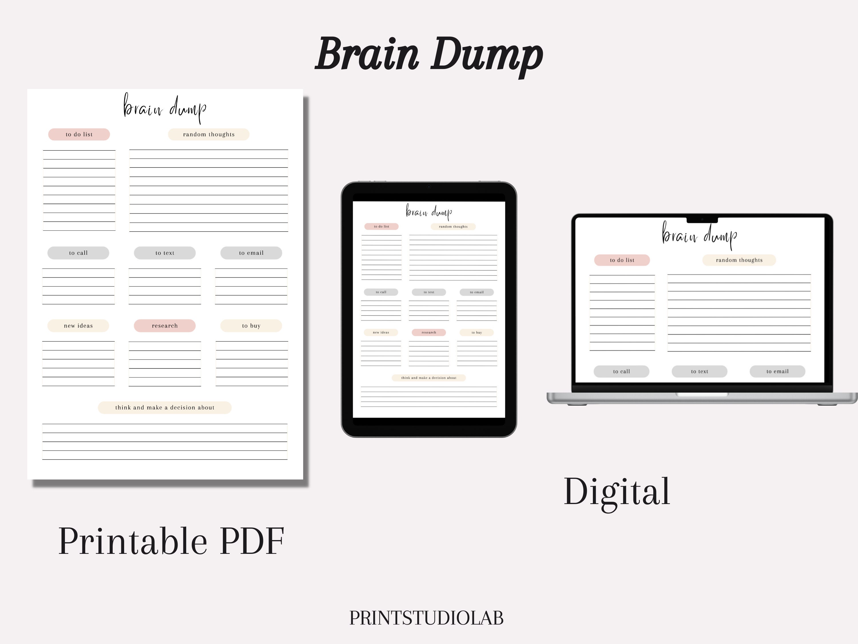Brain Dump Digital Planner, Adhd Journal, Printable Thought Organizer ...