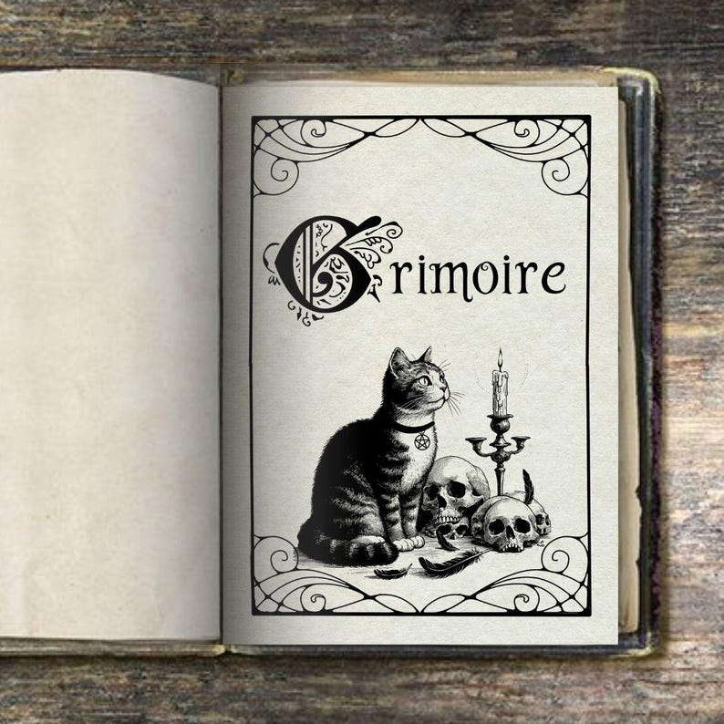 Cat & Skull Grimoire Front Cover, Witchcraft Printable Pages, Book of ...