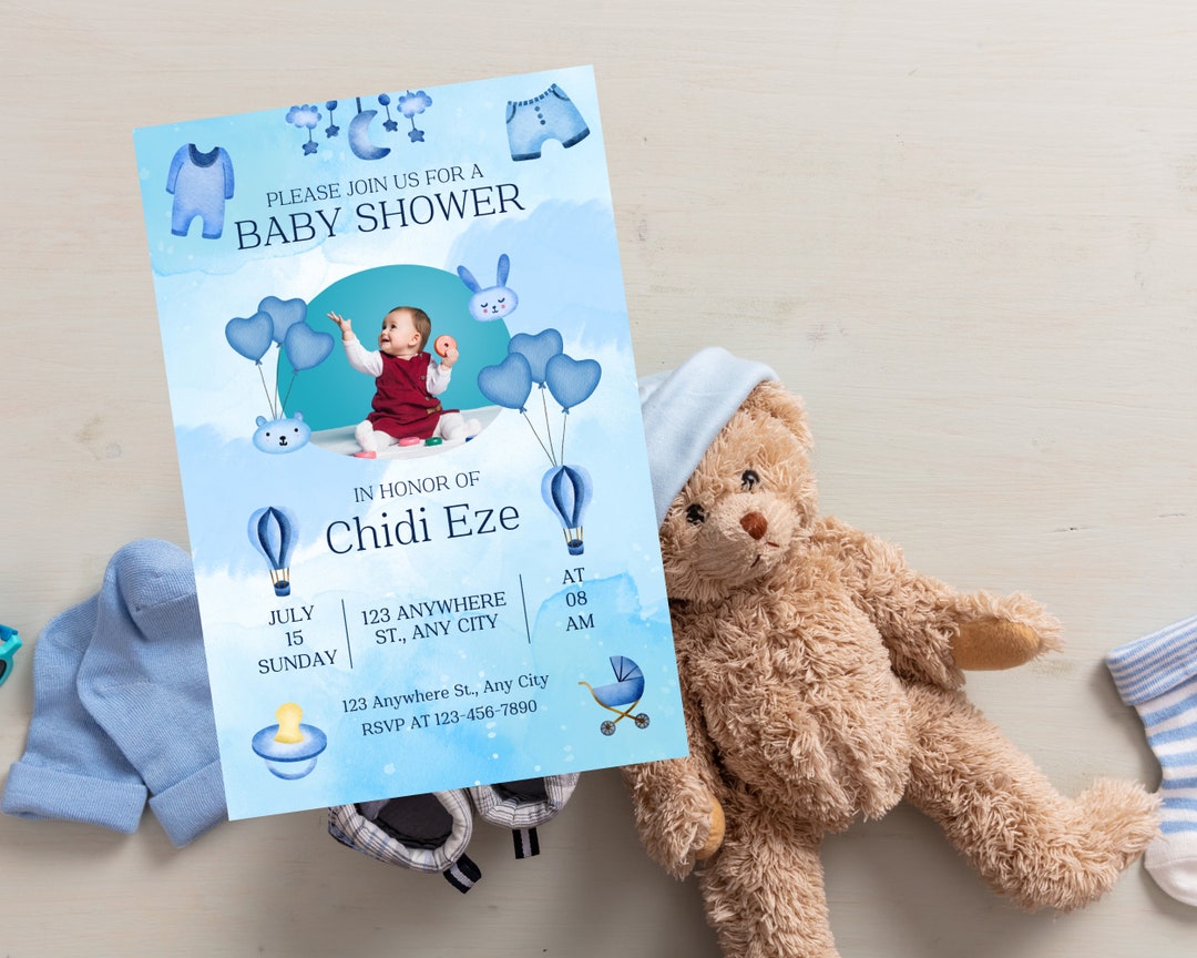 Editable Blue Baby Shower Invitation, Baby Shower Card Digital Download ...