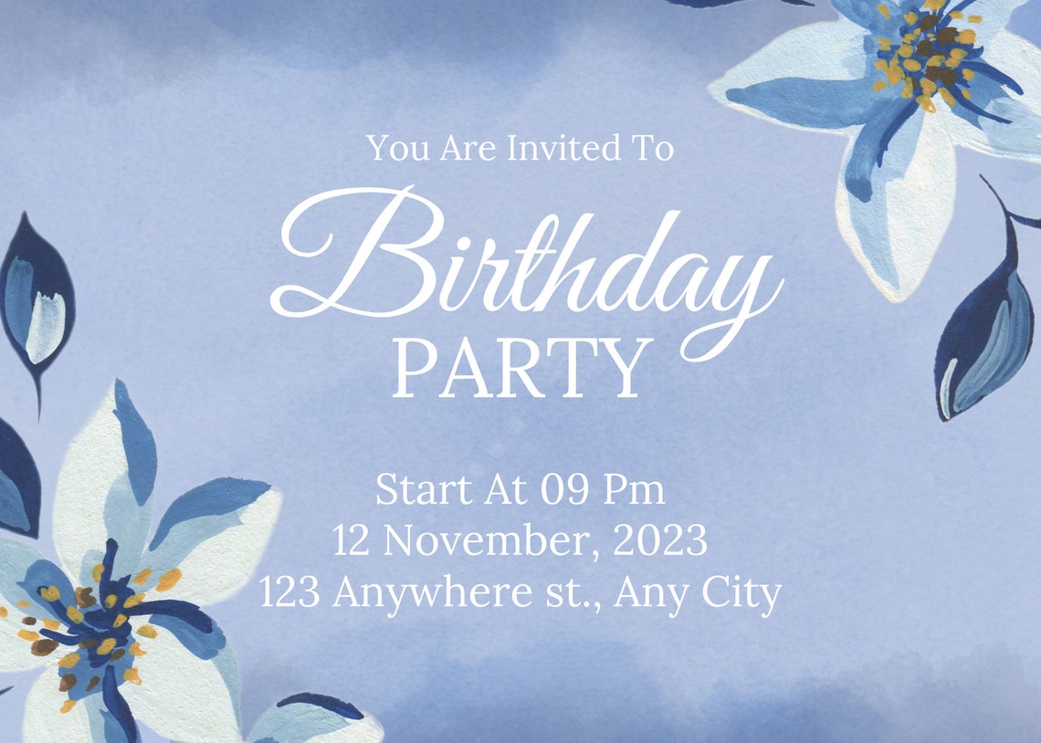 Editable Blue Birthday Invitation Blue Flowers Birthday Invite - Etsy