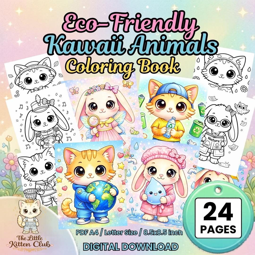 Kawaii Animals Earth Day Coloring Pages, Eco-friendly Kids Activity ...
