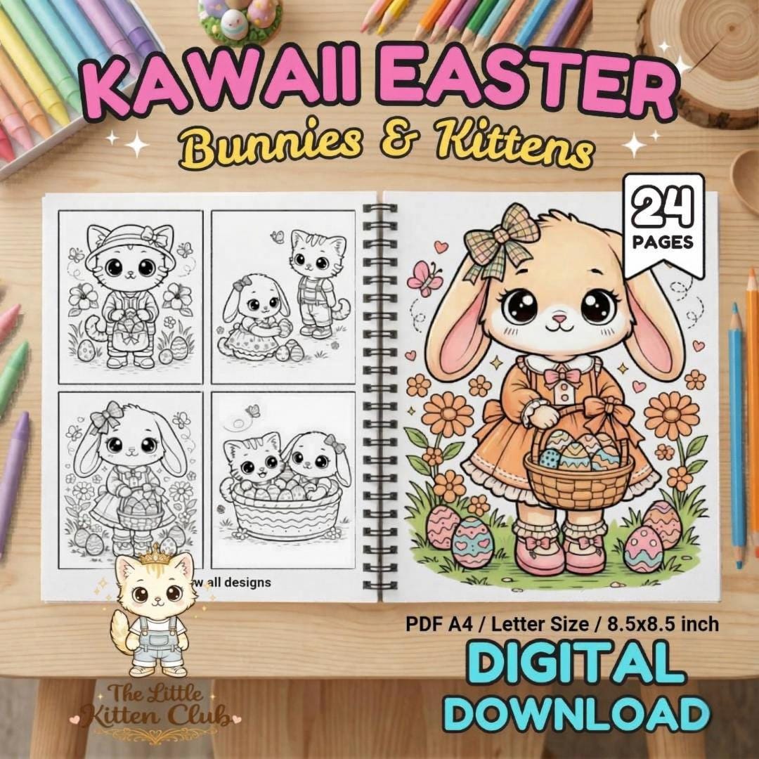 Kawaii Easter Coloring Pages, Bunny Kitten Spring Activity Book ...