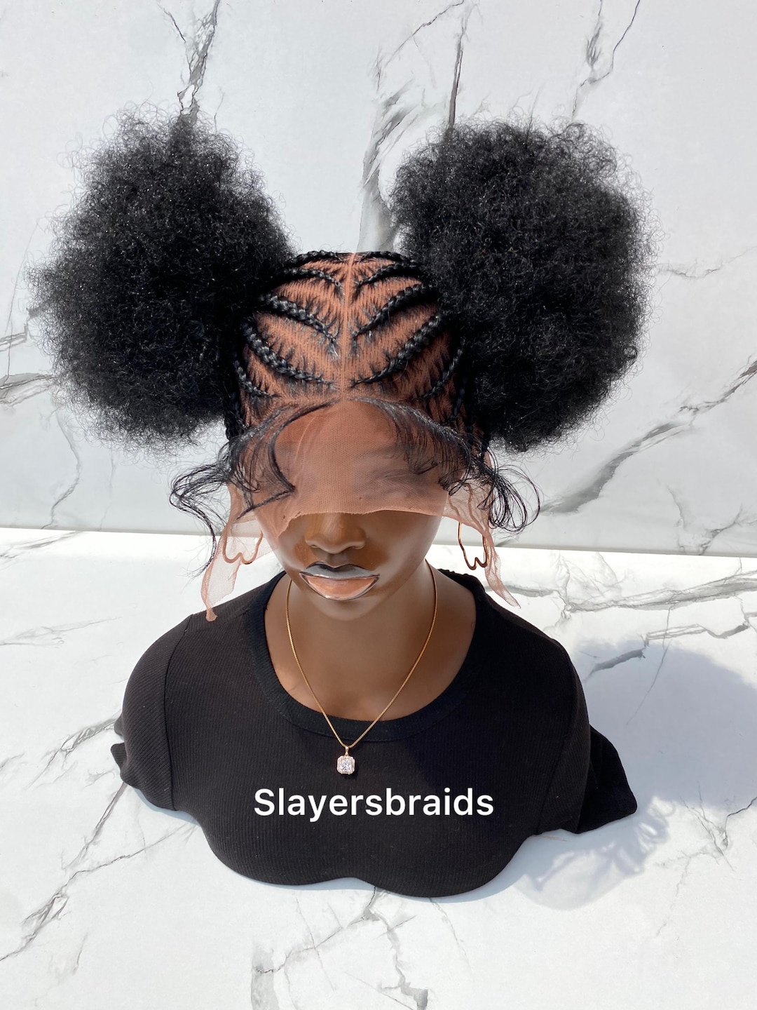 Two Buns Afro Puffs Cornrow Braided Wig: Full Lace Knotless Box Braids ...