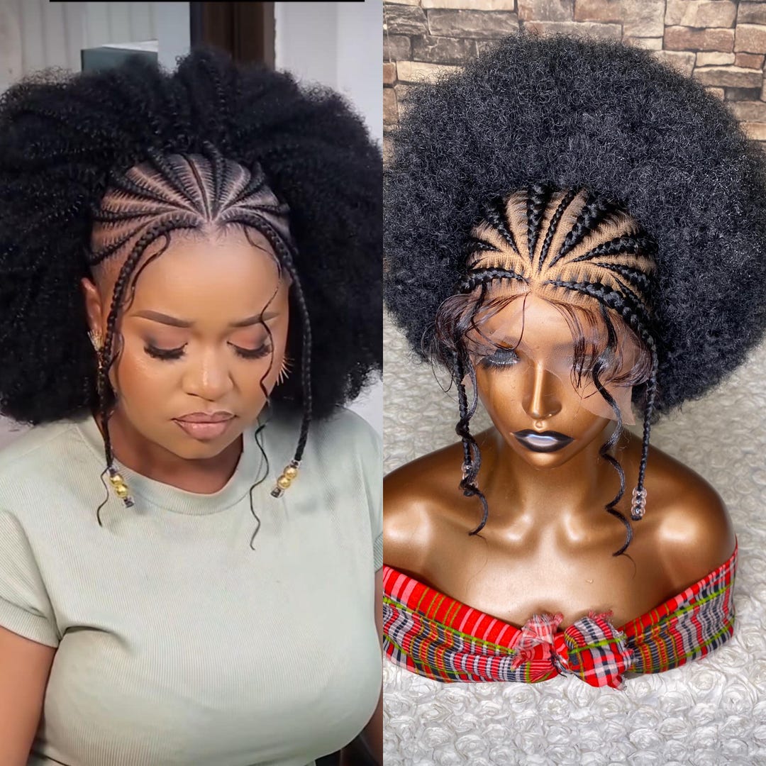 Ready to Ship Lace Front Afro Puff Cornrow Braided Wig for Black Women ...
