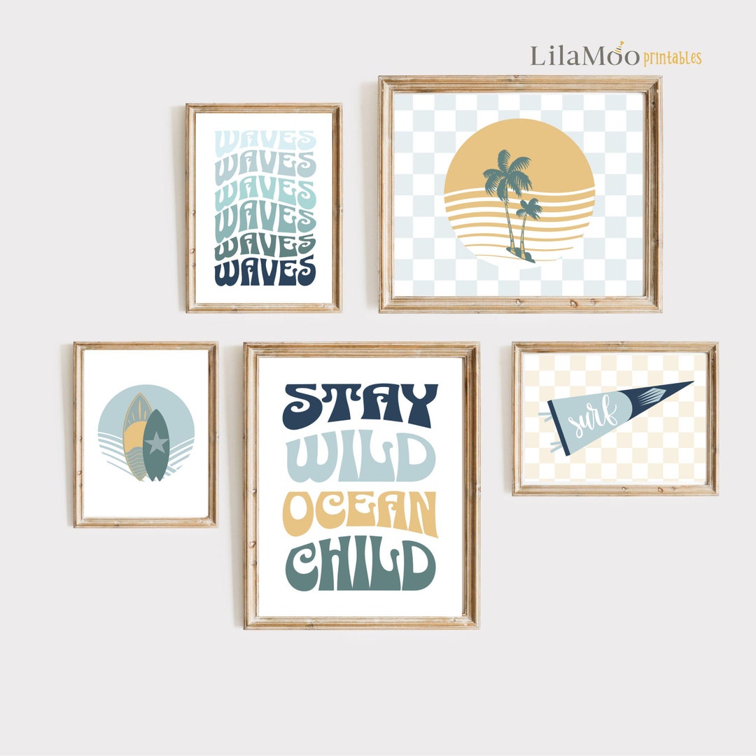Surf Gallery Wall Art Set of 5 Printables, Retro Surf Nursery Decor ...