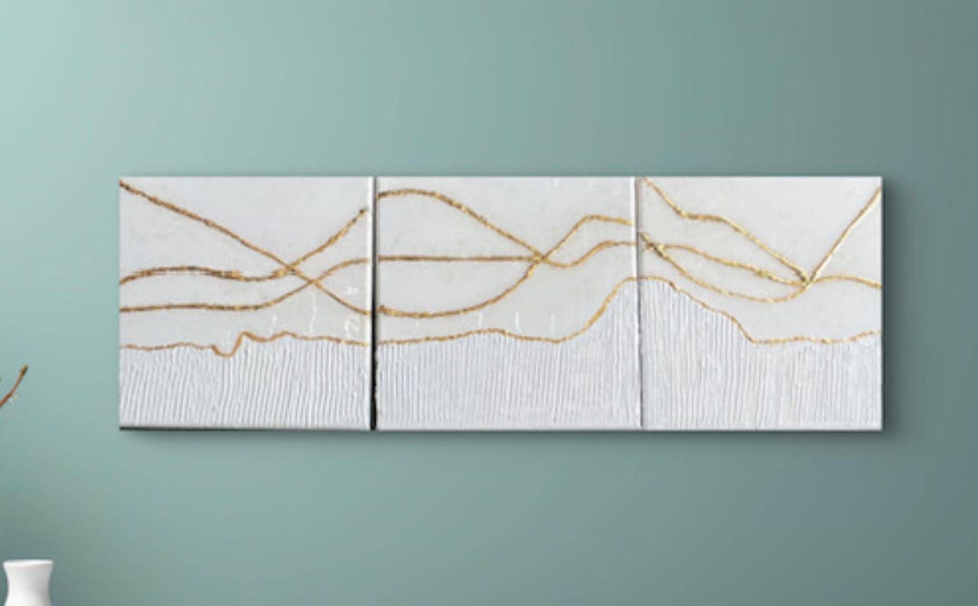 Dune Scape – Textured Abstract Triptych Art Set of 3, White & Gold ...