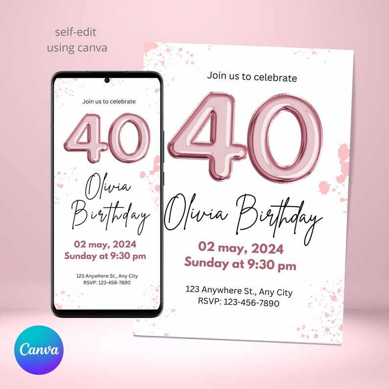 Editable 40th Birthday Invitation, Instant Download Template, 40th ...