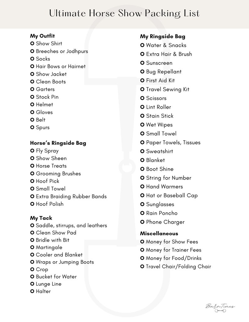 Ultimate Horse Show Packing List, Digital Download - Etsy