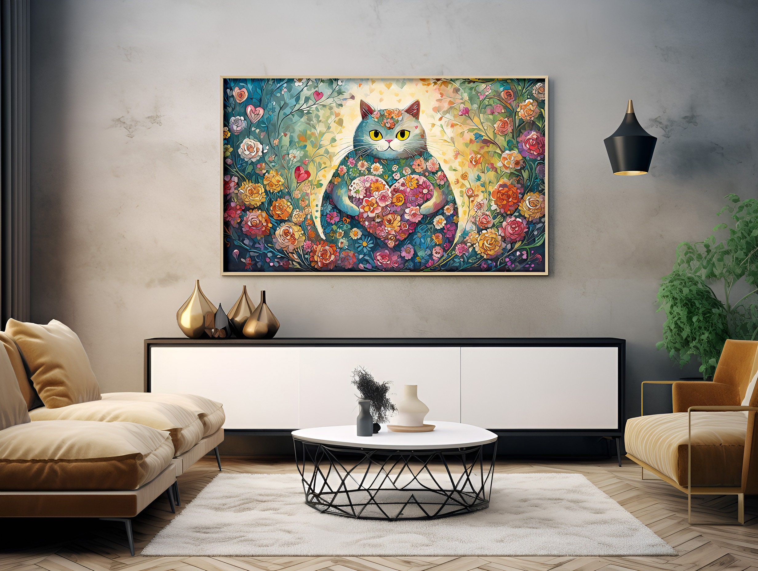 Cute Cat Frame TV Art, Cat With Flower Heart Ideal for Cat Mum, Mother ...