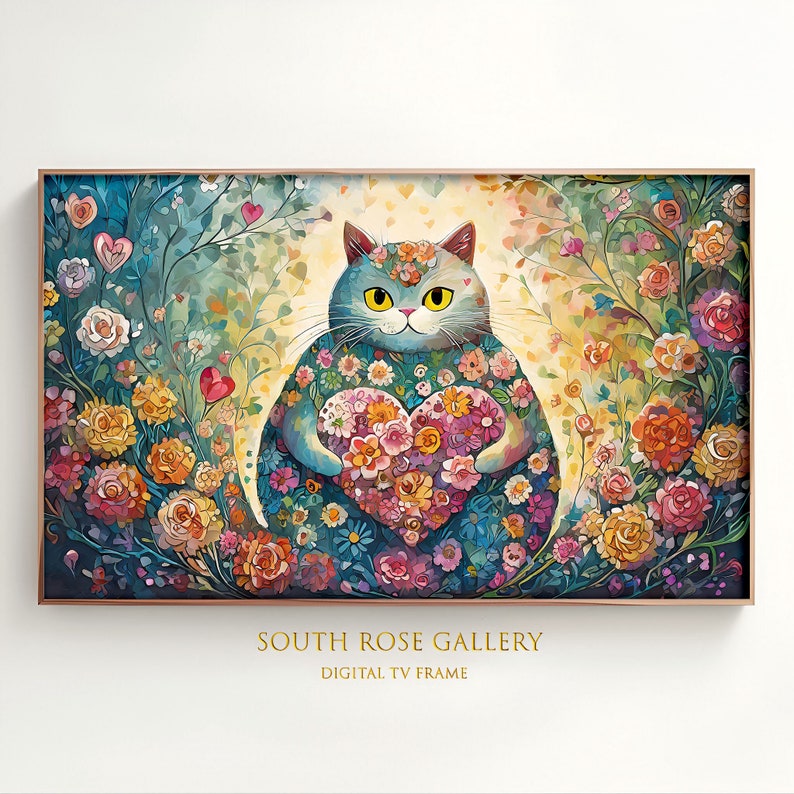 Cute Cat Frame TV Art, Cat With Flower Heart Ideal for Cat Mum, Mother ...