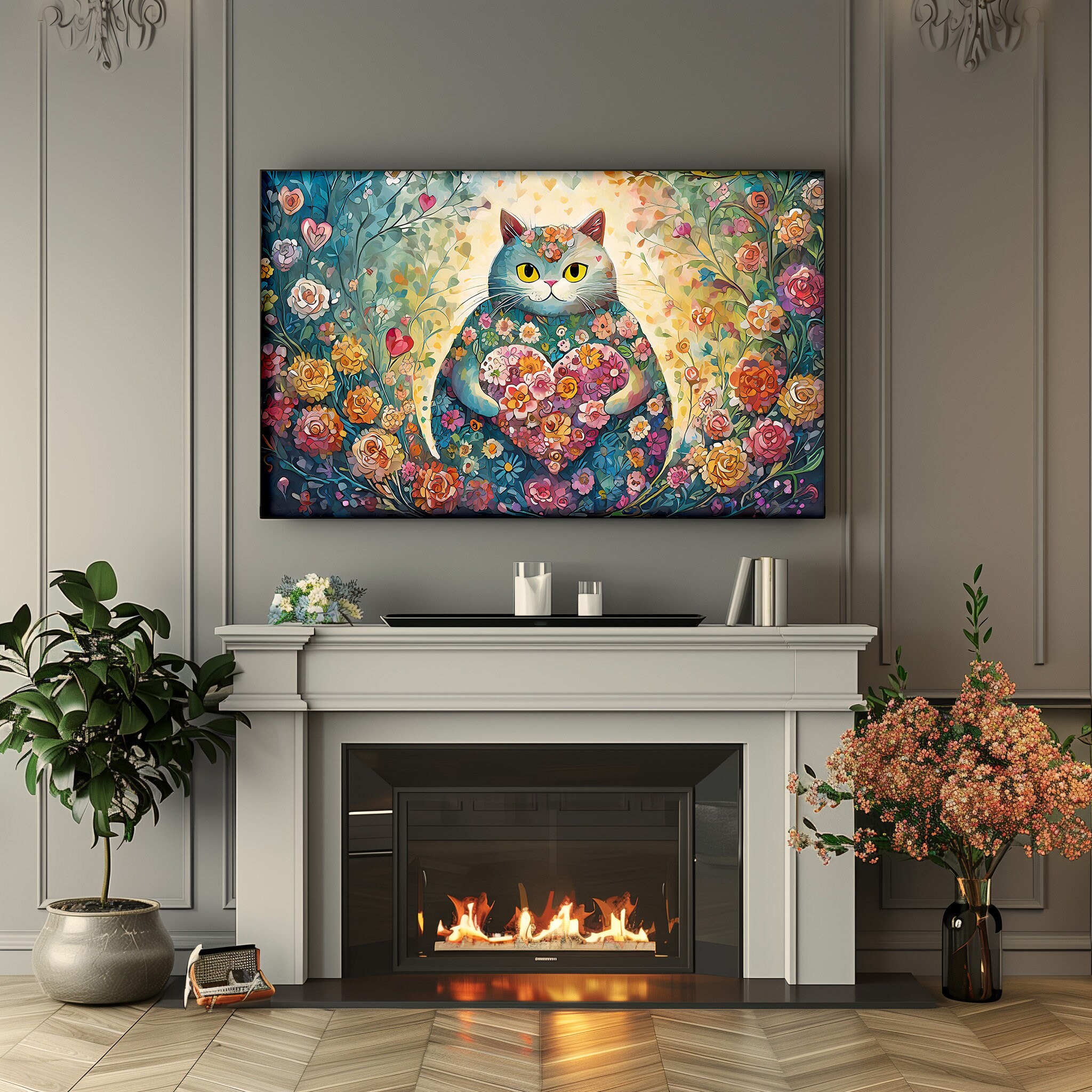 Cute Cat Frame TV Art, Cat With Flower Heart Ideal for Cat Mum, Mother ...