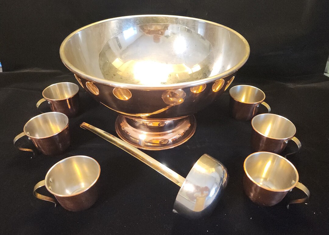 Vintage Solid Copper Punch Bowl and 6 Hanging Punch Cups, Nickel Lined ...