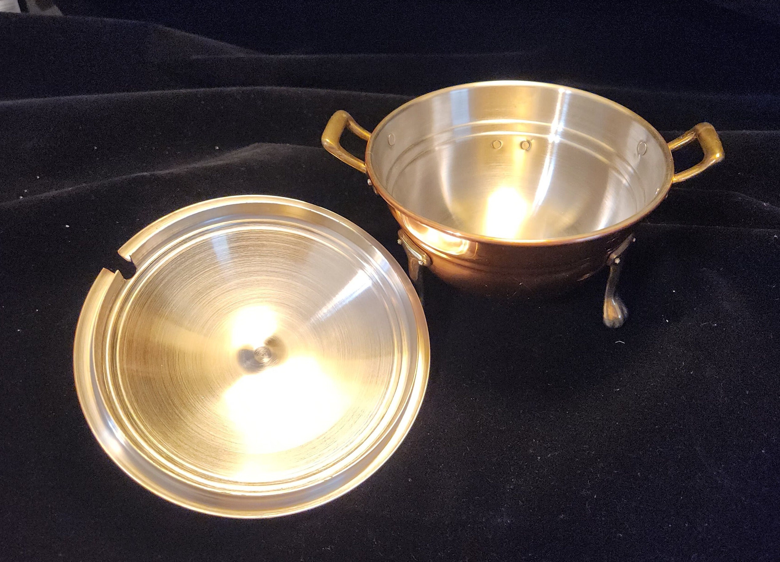 Vintage Solid Copper Condiment Serving Dish With Copper Lid, Brass Feet ...