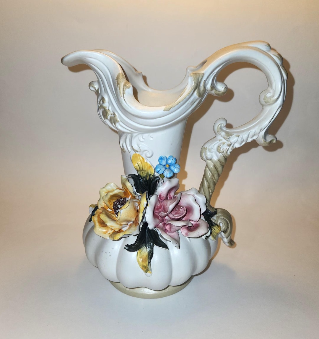 Vintage Capodimonte Hand-painted Floral Pitcher From Italy, Style 1700 ...