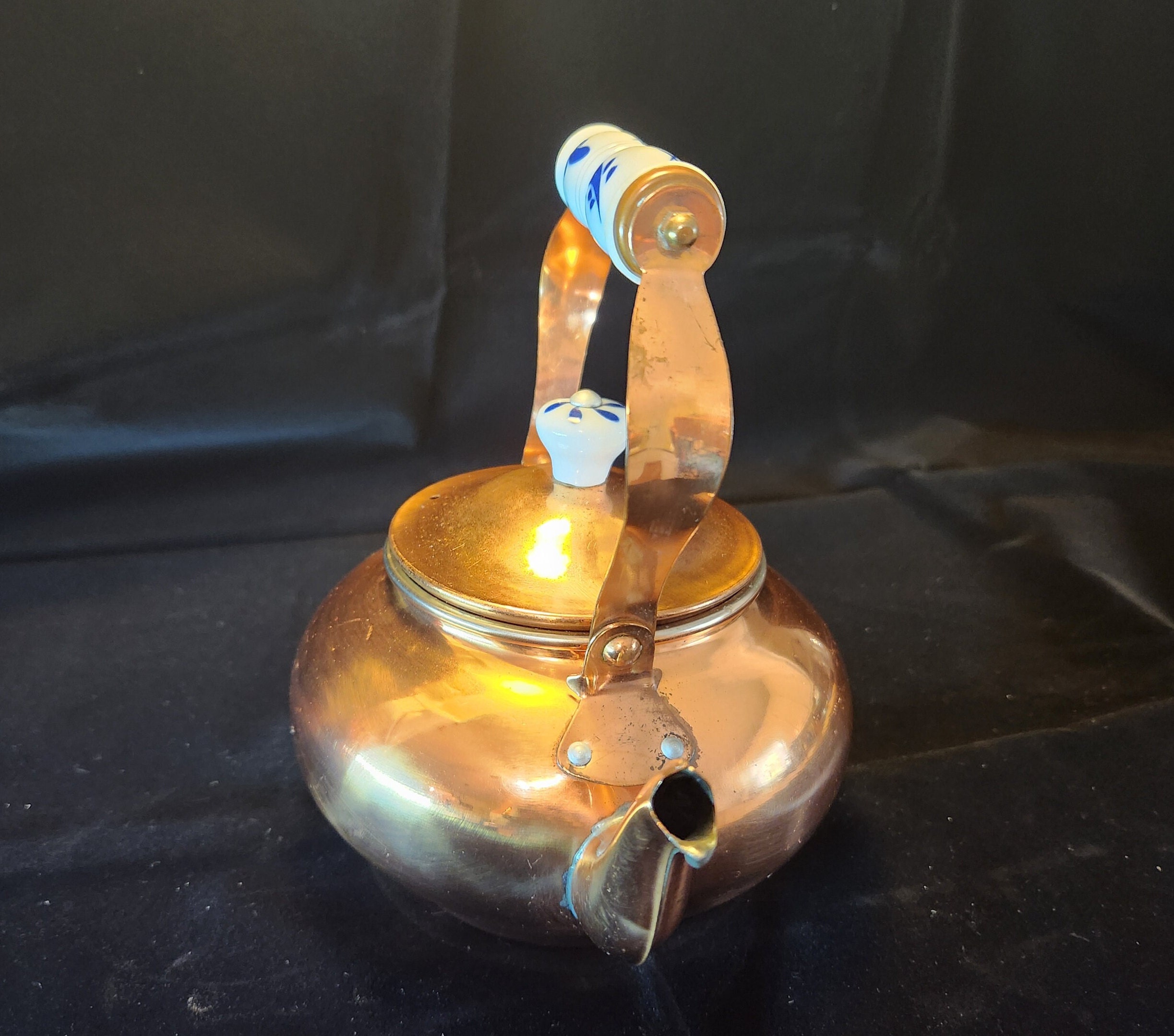 Vintage Small Copper Tea Kettle With Blue & White Porcelain Hand Grip ...