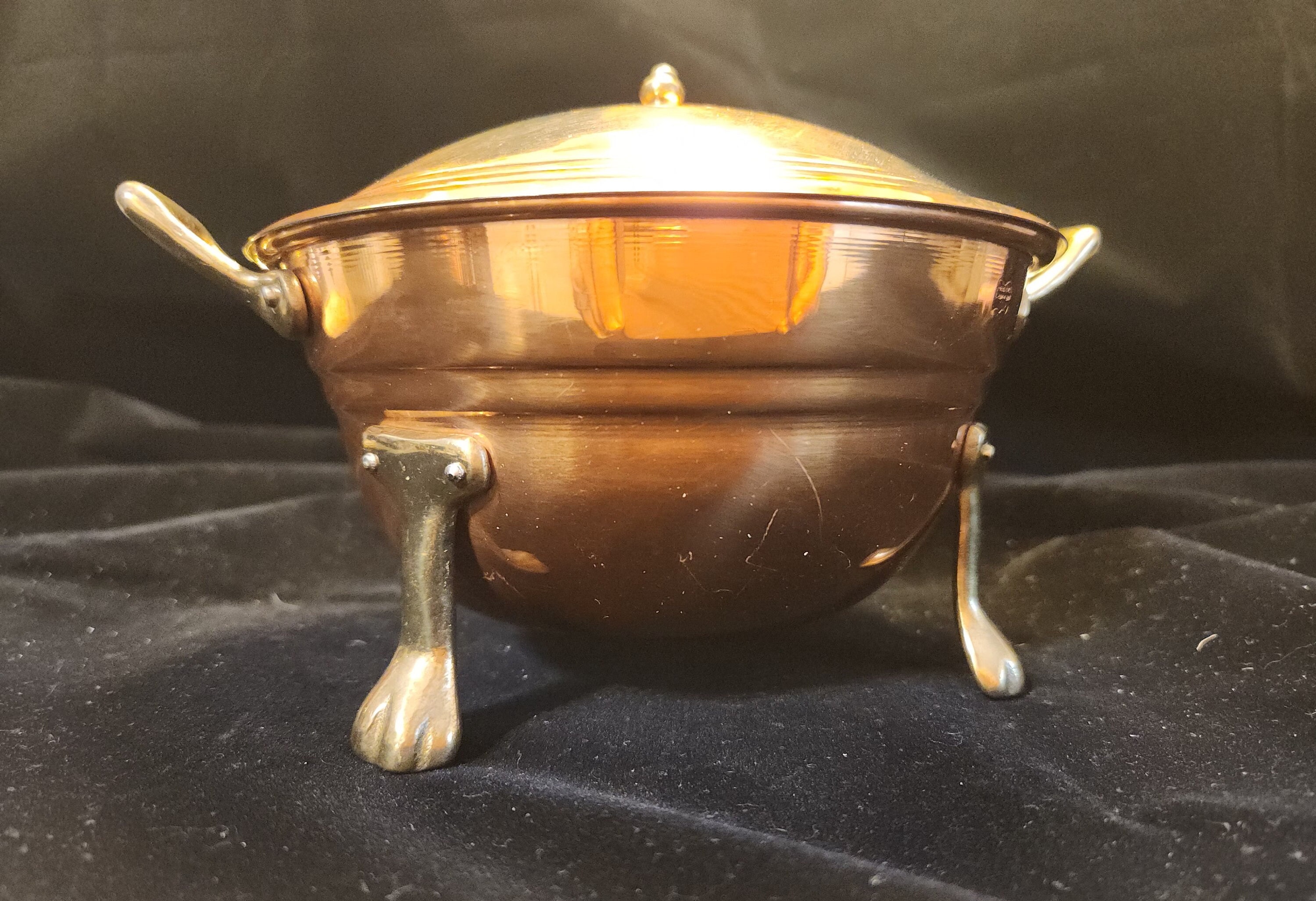 Vintage Solid Copper Condiment Serving Dish With Copper Lid, Brass Feet ...
