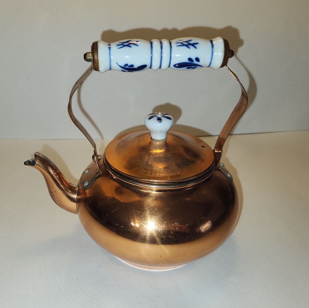 Vintage Small Copper Tea Kettle With Blue & White Porcelain Hand Grip ...