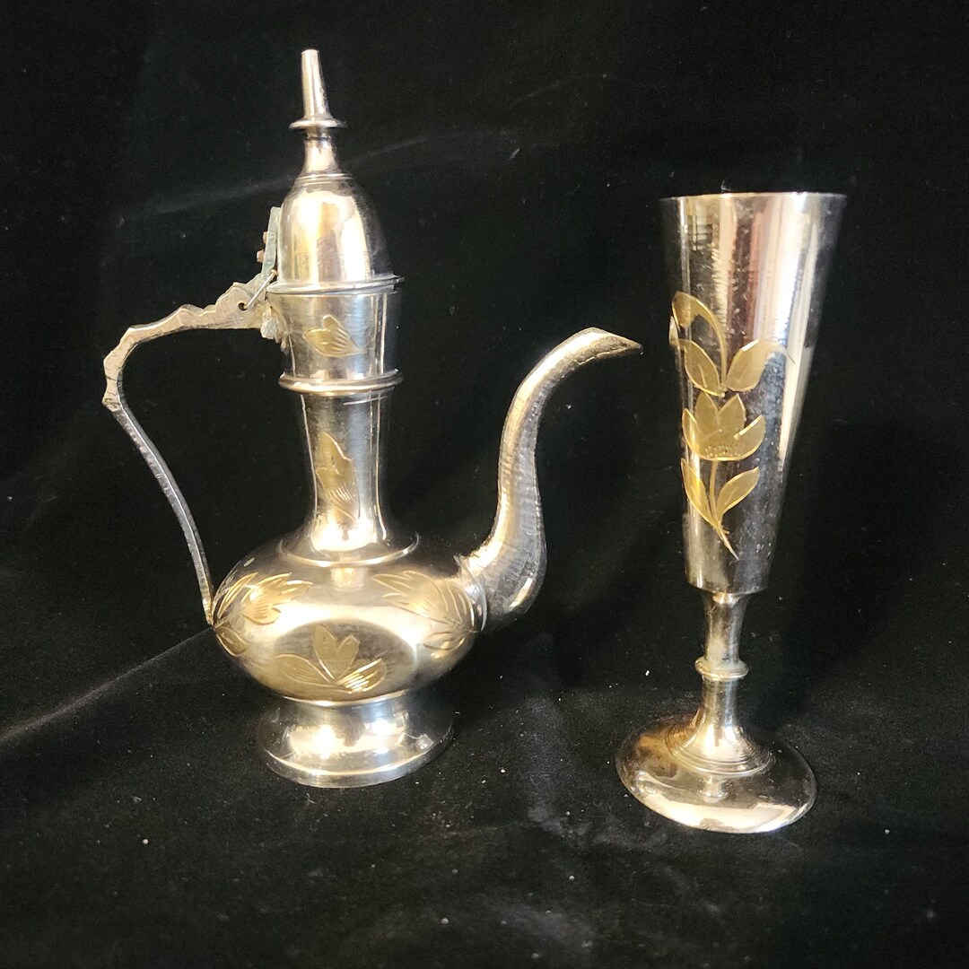 Vintage Etched Small Arabic Brass Dallah Tea or Coffee Pot and Small ...
