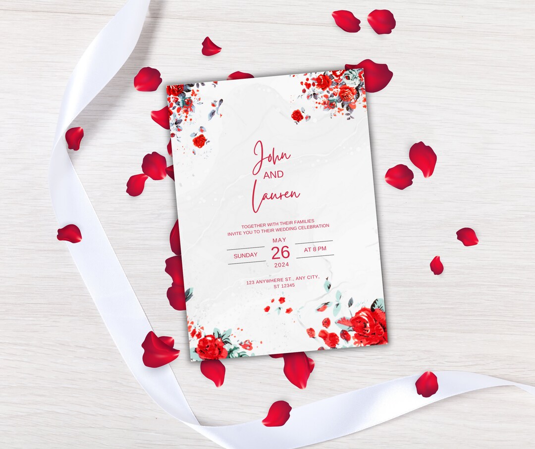 Red Rose Wedding Invitation, Red Floral Wedding Invitation, Burgundy ...