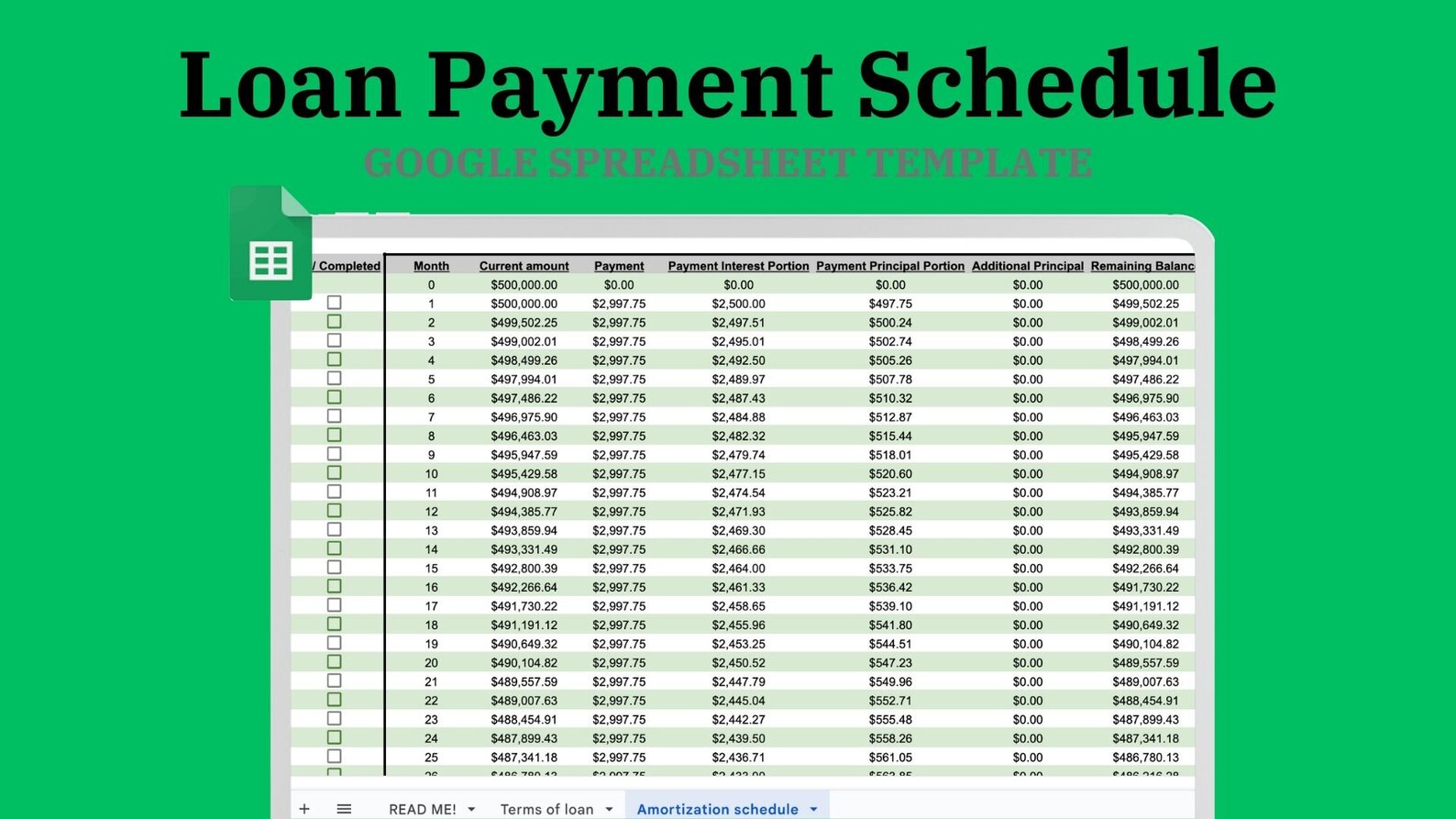 Loan Payment Schedule Google Sheets Template - Etsy